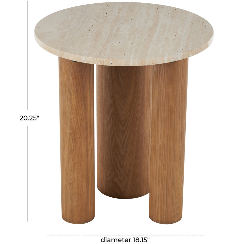 Latitude Run® Cole And Grey Wood Side End Accent Table With Beige Round Marble Tabletop | Wayfair